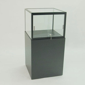 Square Pedestal Glass Showcase Cabinet Laminate Wood And Aluminum Frame